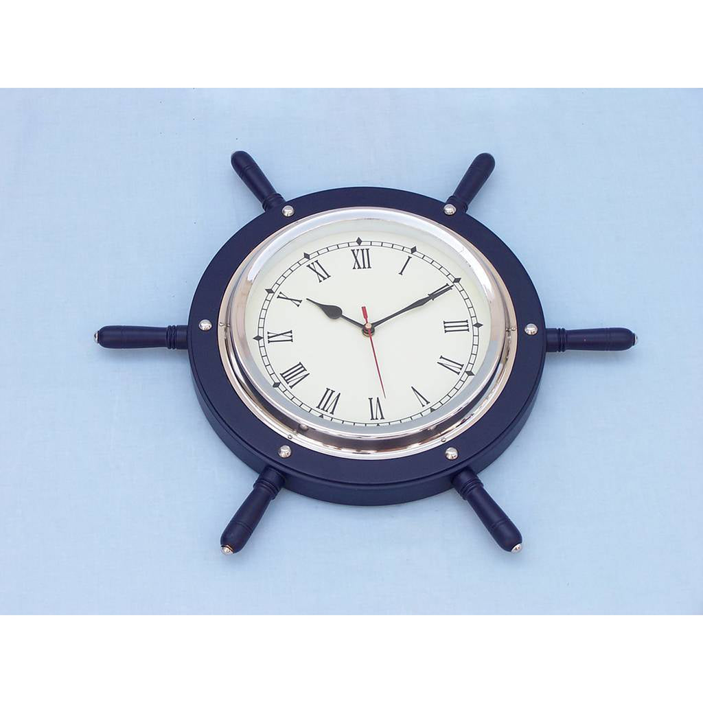 Buy Dark Blue Wood And Chrome Ship Wheel Clock 15" – Adama Model Ships